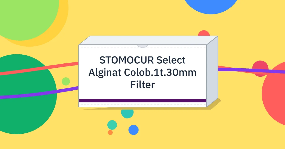 Symbolbild: Packung mit der Aufschrift STOMOCUR Select Alginat Colob.1t.30mm Filter (PZN 18239078) – Verfügbarkeit und Bezug in Apotheken in Frankfurt am Main