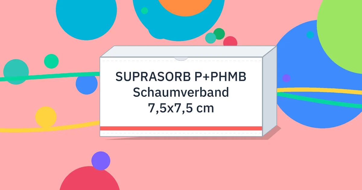 Symbolbild: Packung mit der Aufschrift SUPRASORB P+PHMB Schaumverband 7,5x7,5 cm (PZN 15421144) – Verfügbarkeit und Bezug in Apotheken in Frankfurt am Main