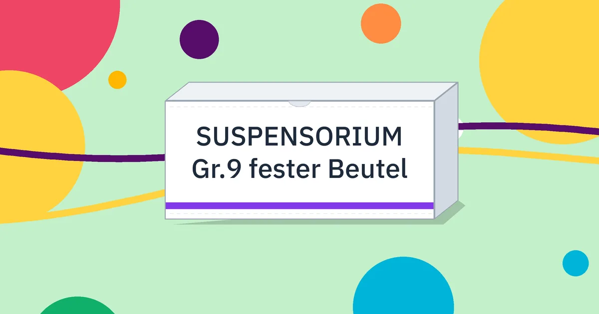 Symbolbild: Packung mit der Aufschrift SUSPENSORIUM Gr.9 fester Beutel (PZN 01739210) – Verfügbarkeit und Bezug in Apotheken in Frankfurt am Main