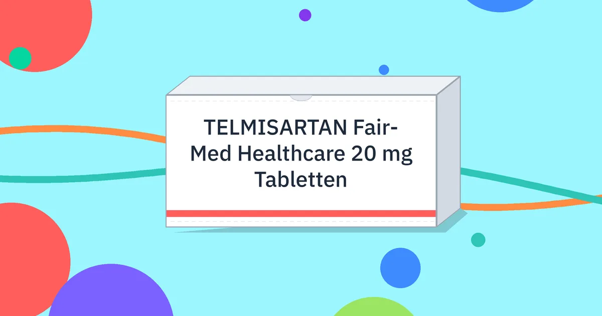 Symbolbild: Packung mit der Aufschrift TELMISARTAN Fair-Med Healthcare 20 mg Tabletten (PZN 14321601) – Verfügbarkeit und Bezug in Apotheken in Frankfurt am Main