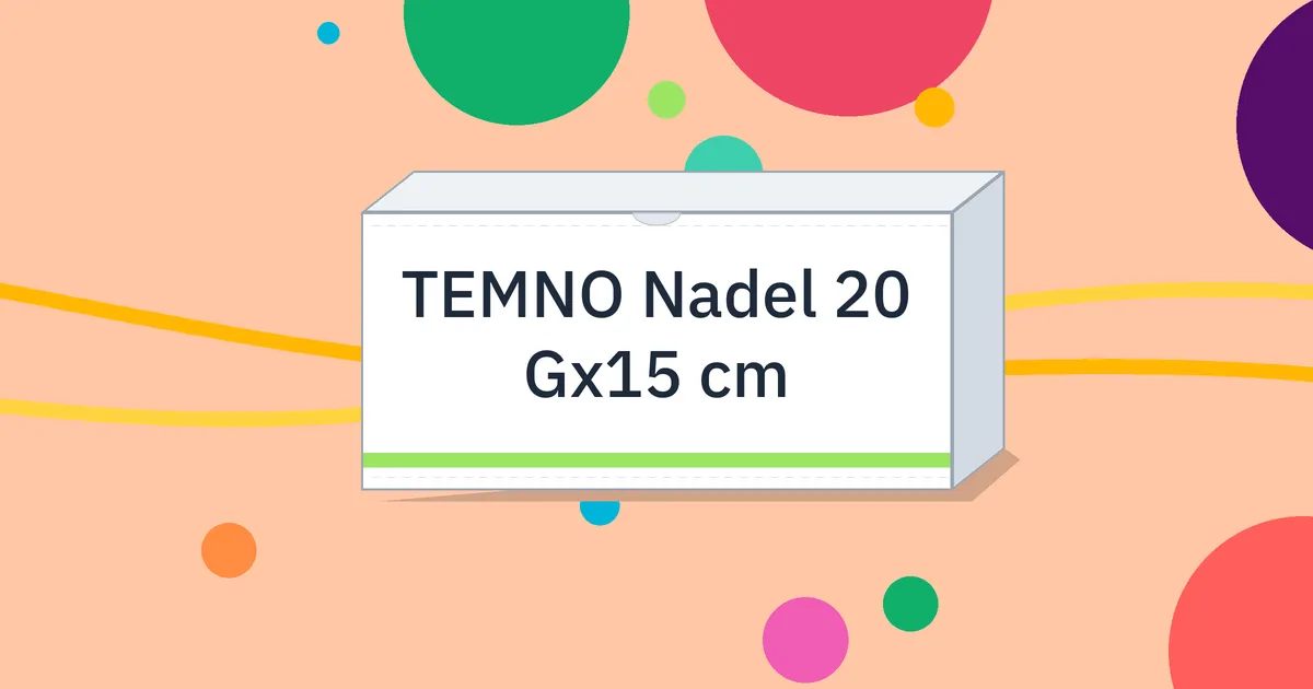 Symbolbild: Packung mit der Aufschrift TEMNO Nadel 20 Gx15 cm (PZN 18764755) – Verfügbarkeit und Bezug in Apotheken in Frankfurt am Main