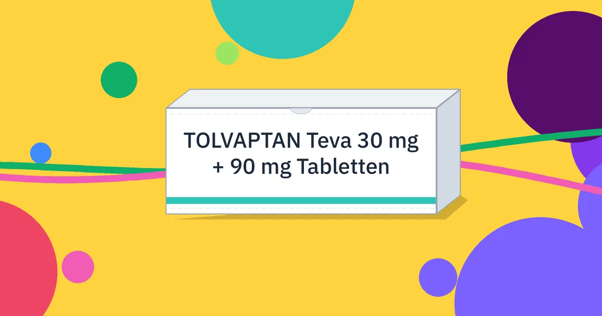 Symbolbild: Packung mit der Aufschrift TOLVAPTAN Teva 30 mg + 90 mg Tabletten (PZN 19372394) – Verfügbarkeit und Bezug in Apotheken in Frankfurt am Main