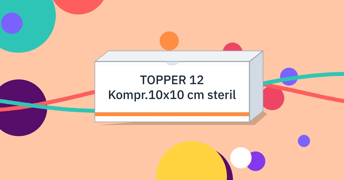 Symbolbild: Packung mit der Aufschrift TOPPER 12 Kompr.10x10 cm steril (PZN 03307041) – Verfügbarkeit und Bezug in Apotheken in Frankfurt am Main
