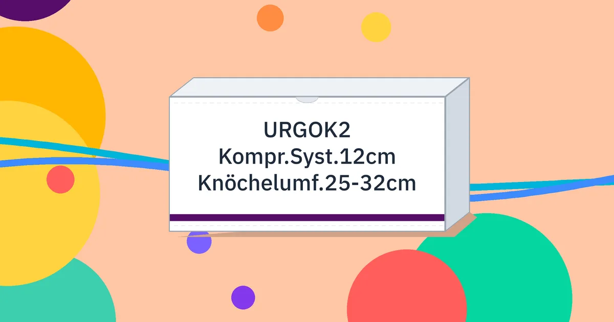 Symbolbild: Packung mit der Aufschrift URGOK2 Kompr.Syst.12cm Knöchelumf.25-32cm (PZN 05381834) – Verfügbarkeit und Bezug in Apotheken in Frankfurt am Main