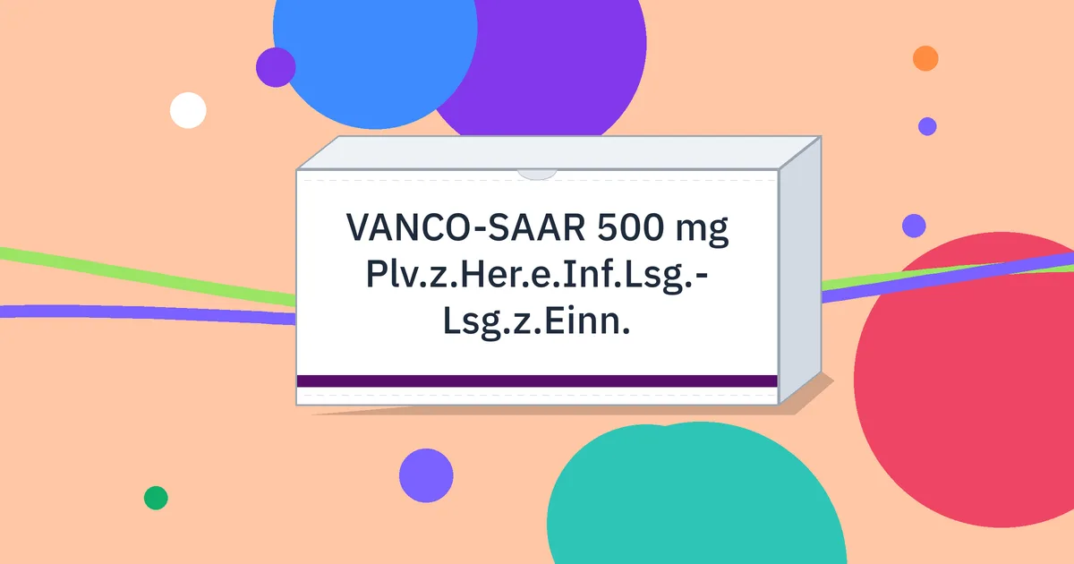 Symbolbild: Packung mit der Aufschrift VANCO-SAAR 500 mg Plv.z.Her.e.Inf.Lsg.-Lsg.z.Einn. (PZN 13893005) – Verfügbarkeit und Bezug in Apotheken in Frankfurt am Main