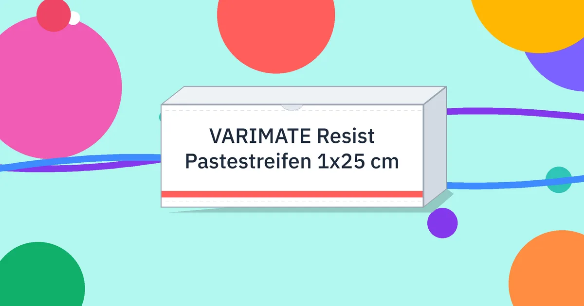 Symbolbild: Packung mit der Aufschrift VARIMATE Resist Pastestreifen 1x25 cm (PZN 03742558) – Verfügbarkeit und Bezug in Apotheken in Frankfurt am Main