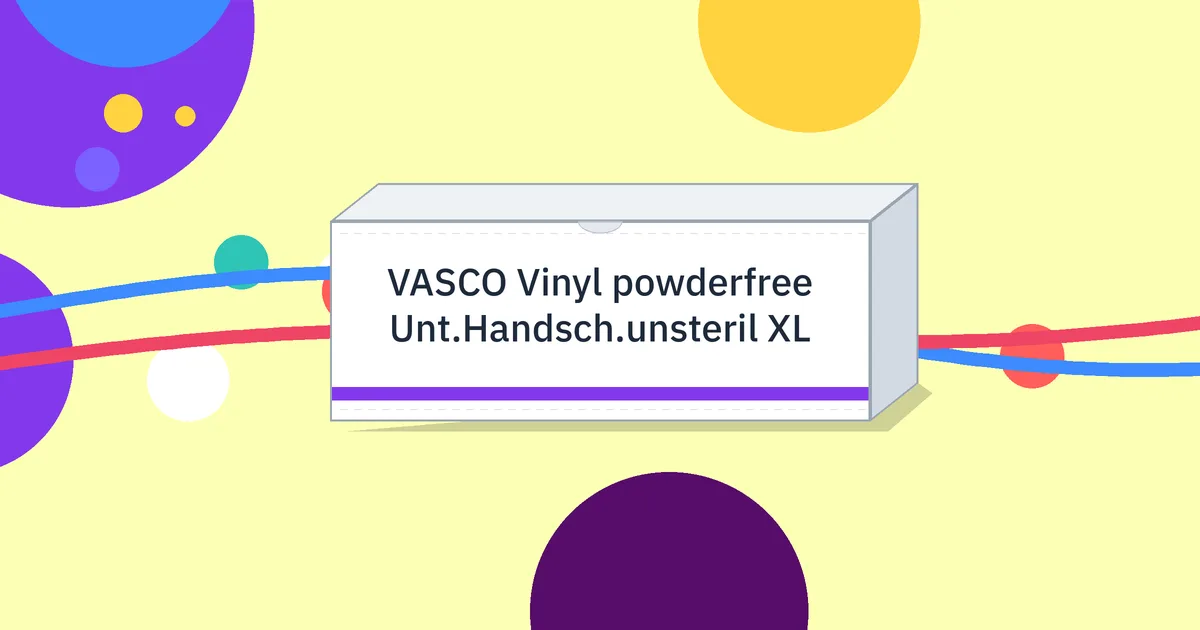 Symbolbild: Packung mit der Aufschrift VASCO Vinyl powderfree Unt.Handsch.unsteril XL (PZN 14351619) – Verfügbarkeit und Bezug in Apotheken in Frankfurt am Main