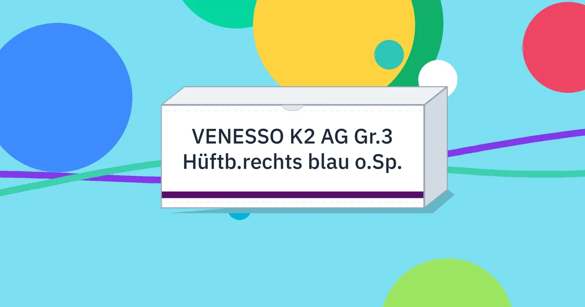 Symbolbild: Packung mit der Aufschrift VENESSO K2 AG Gr.3 Hüftb.rechts blau o.Sp. (PZN 03271805) – Verfügbarkeit und Bezug in Apotheken in Frankfurt am Main