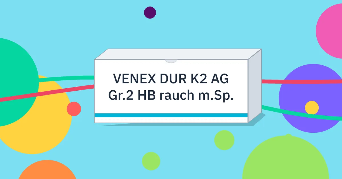 Symbolbild: Packung mit der Aufschrift VENEX DUR K2 AG Gr.2 HB rauch m.Sp. (PZN 03218231) – Verfügbarkeit und Bezug in Apotheken in Frankfurt am Main