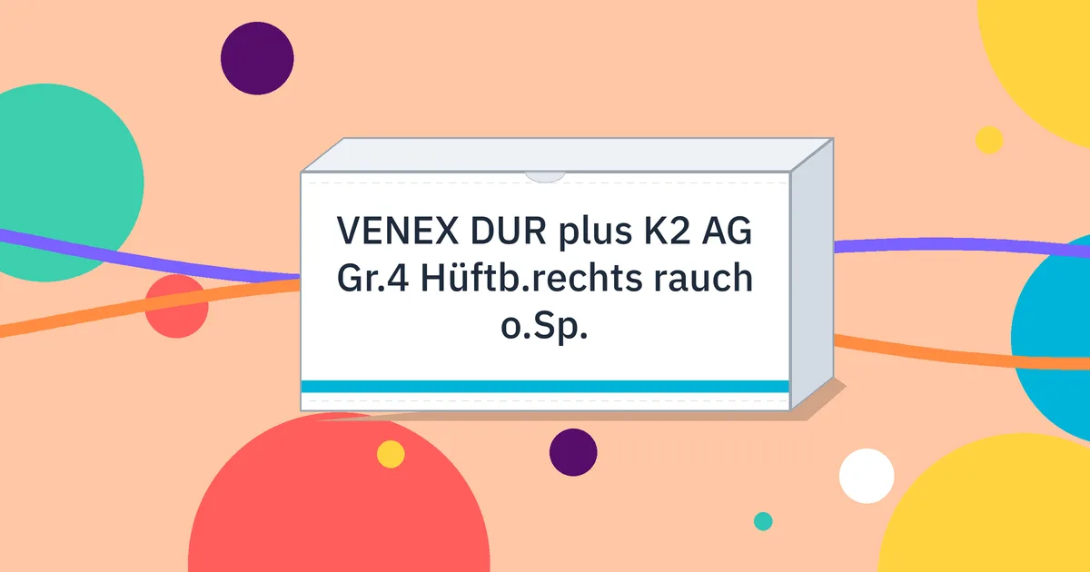 Symbolbild: Packung mit der Aufschrift VENEX DUR plus K2 AG Gr.4 Hüftb.rechts rauch o.Sp. (PZN 03239776) – Verfügbarkeit und Bezug in Apotheken in Frankfurt am Main