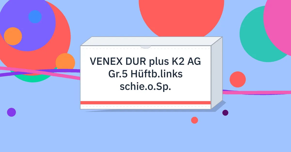 Symbolbild: Packung mit der Aufschrift VENEX DUR plus K2 AG Gr.5 Hüftb.links schie.o.Sp. (PZN 03242519) – Verfügbarkeit und Bezug in Apotheken in Frankfurt am Main