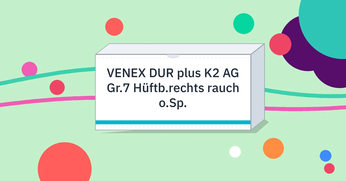 Symbolbild: Packung mit der Aufschrift VENEX DUR plus K2 AG Gr.7 Hüftb.rechts rauch o.Sp. (PZN 03239807) – Verfügbarkeit und Bezug in Apotheken in Frankfurt am Main