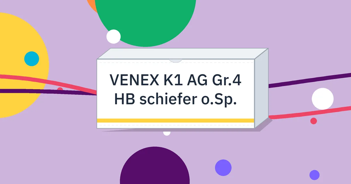 Symbolbild: Packung mit der Aufschrift VENEX K1 AG Gr.4 HB schiefer o.Sp. (PZN 03193991) – Verfügbarkeit und Bezug in Apotheken in Frankfurt am Main