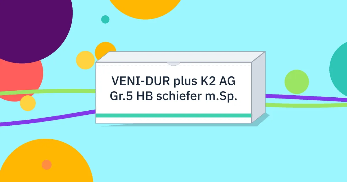 Symbolbild: Packung mit der Aufschrift VENI-DUR plus K2 AG Gr.5 HB schiefer m.Sp. (PZN 03255002) – Verfügbarkeit und Bezug in Apotheken in Frankfurt am Main