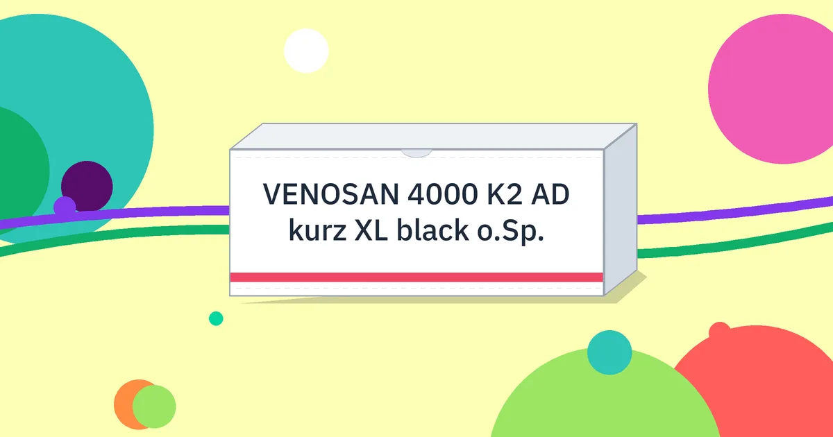 Symbolbild: Packung mit der Aufschrift VENOSAN 4000 K2 AD kurz XL black o.Sp. (PZN 14427245) – Verfügbarkeit und Bezug in Apotheken in Frankfurt am Main