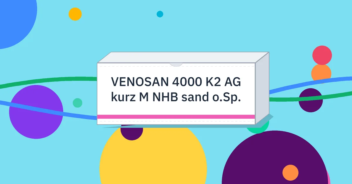 Symbolbild: Packung mit der Aufschrift VENOSAN 4000 K2 AG kurz M NHB sand o.Sp. (PZN 14422822) – Verfügbarkeit und Bezug in Apotheken in Frankfurt am Main