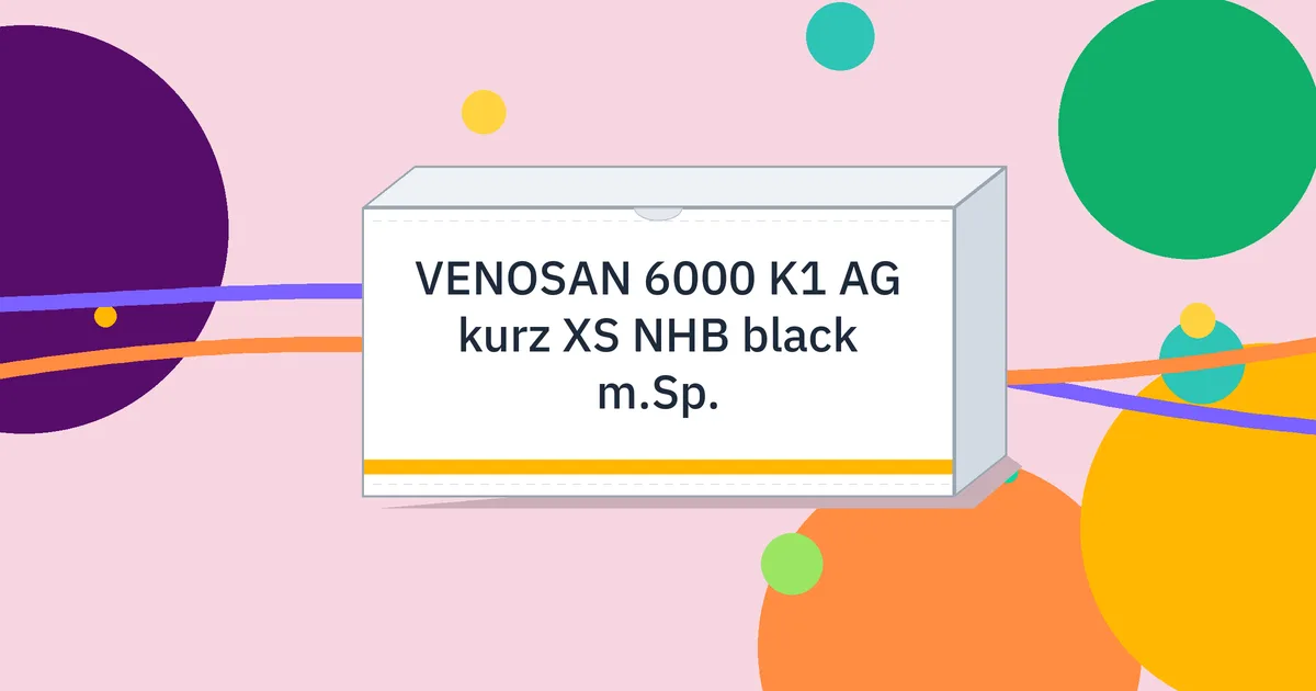 Symbolbild: Packung mit der Aufschrift VENOSAN 6000 K1 AG kurz XS NHB black m.Sp. (PZN 17171852) – Verfügbarkeit und Bezug in Apotheken in Frankfurt am Main