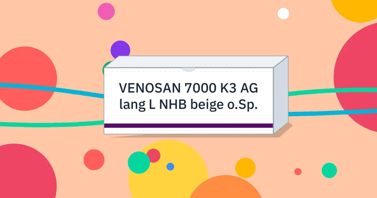 Symbolbild: Packung mit der Aufschrift VENOSAN 7000 K3 AG lang L NHB beige o.Sp. (PZN 14435345) – Verfügbarkeit und Bezug in Apotheken in Frankfurt am Main