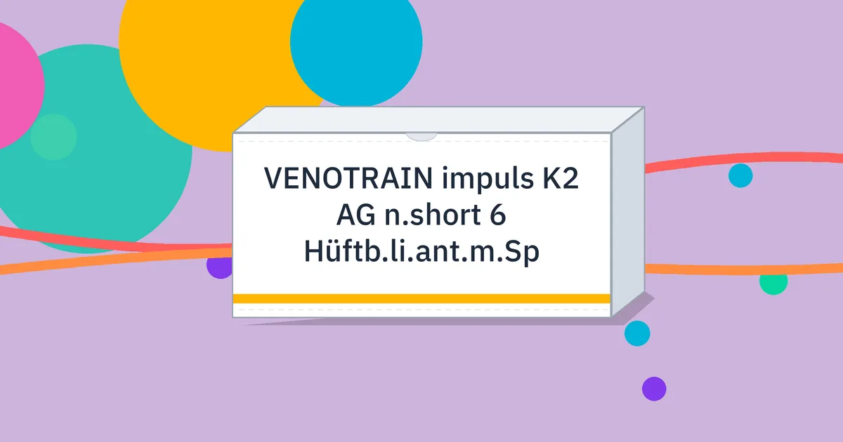Symbolbild: Packung mit der Aufschrift VENOTRAIN impuls K2 AG n.short 6 Hüftb.li.ant.m.Sp (PZN 15219371) – Verfügbarkeit und Bezug in Apotheken in Frankfurt am Main