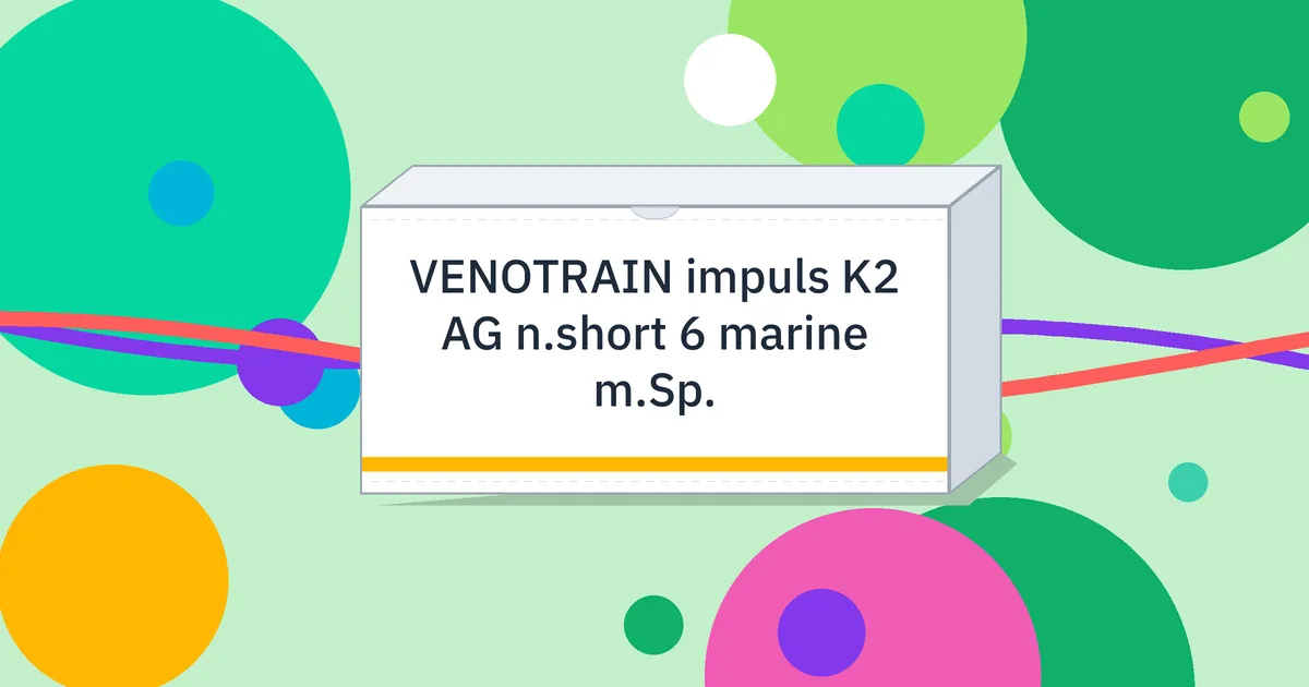 Symbolbild: Packung mit der Aufschrift VENOTRAIN impuls K2 AG n.short 6 marine m.Sp. (PZN 15211719) – Verfügbarkeit und Bezug in Apotheken in Frankfurt am Main