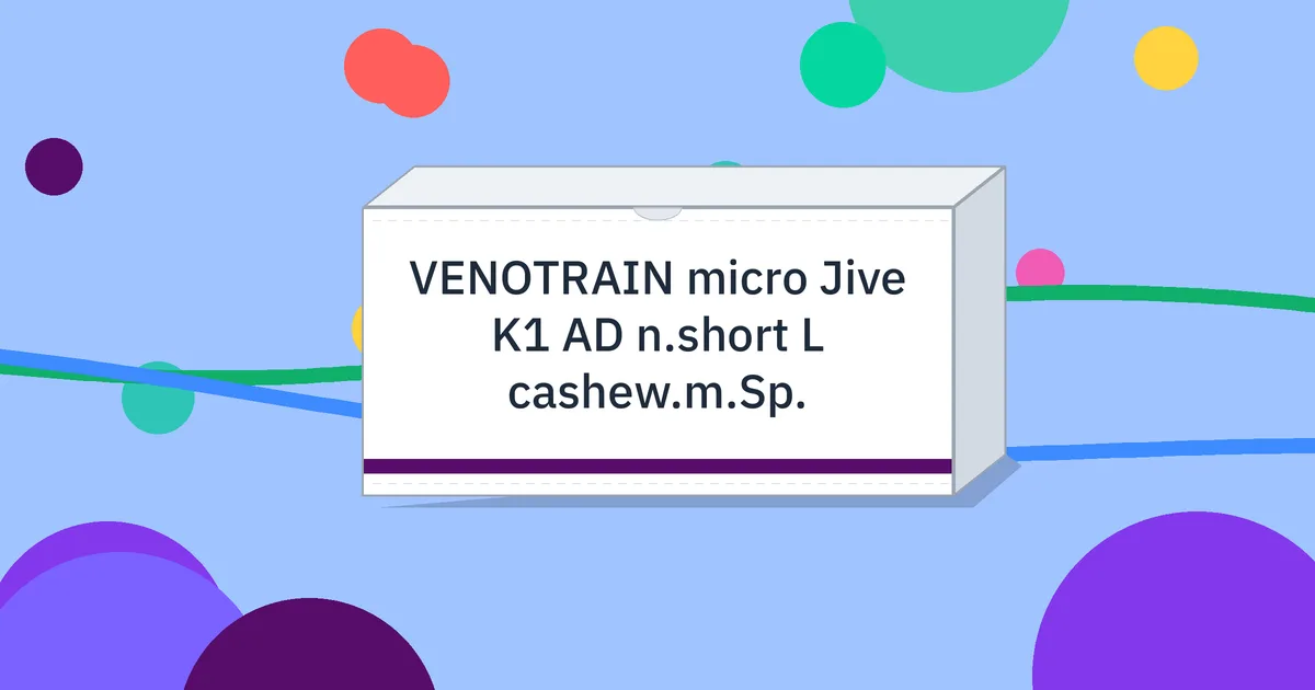 Symbolbild: Packung mit der Aufschrift VENOTRAIN micro Jive K1 AD n.short L cashew.m.Sp. (PZN 20768200) – Verfügbarkeit und Bezug in Apotheken in Frankfurt am Main