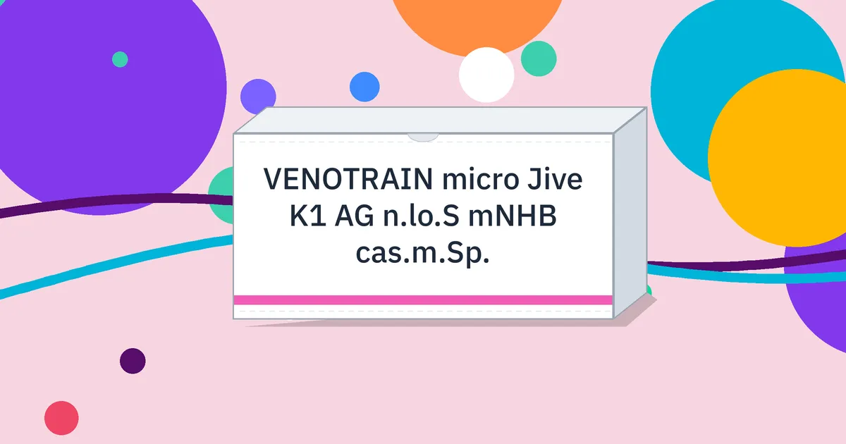 Symbolbild: Packung mit der Aufschrift VENOTRAIN micro Jive K1 AG n.lo.S mNHB cas.m.Sp. (PZN 20766299) – Verfügbarkeit und Bezug in Apotheken in Frankfurt am Main