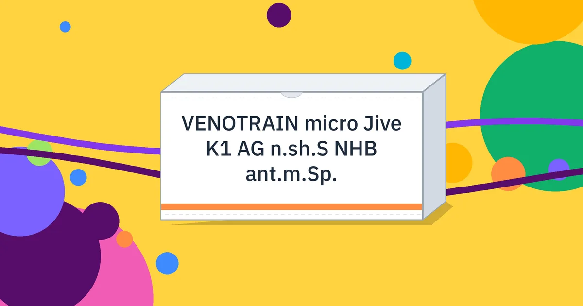 Symbolbild: Packung mit der Aufschrift VENOTRAIN micro Jive K1 AG n.sh.S NHB ant.m.Sp. (PZN 17766433) – Verfügbarkeit und Bezug in Apotheken in Frankfurt am Main