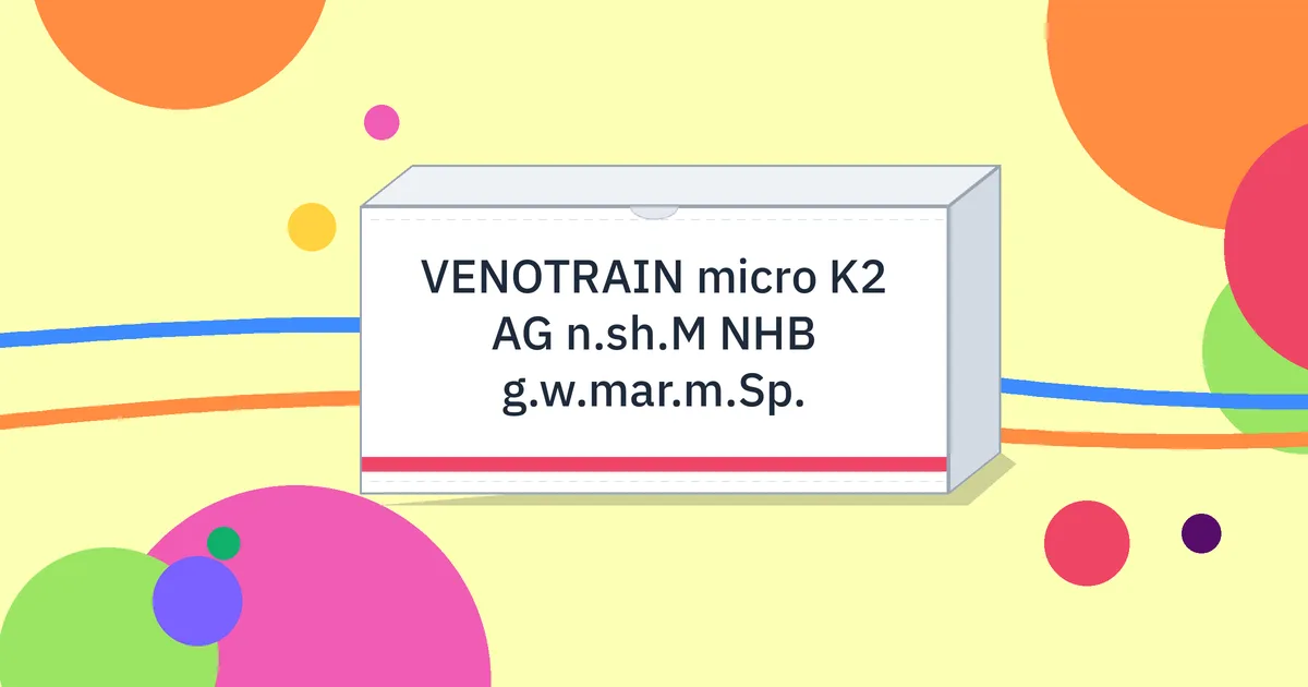 Symbolbild: Packung mit der Aufschrift VENOTRAIN micro K2 AG n.sh.M NHB g.w.mar.m.Sp. (PZN 09035721) – Verfügbarkeit und Bezug in Apotheken in Frankfurt am Main