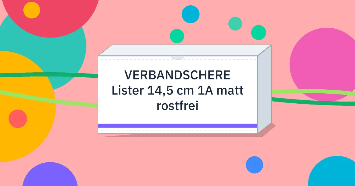 Symbolbild: Packung mit der Aufschrift VERBANDSCHERE Lister 14,5 cm 1A matt rostfrei (PZN 00523608) – Verfügbarkeit und Bezug in Apotheken in Frankfurt am Main