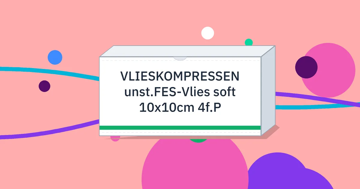 Symbolbild: Packung mit der Aufschrift VLIESKOMPRESSEN unst.FES-Vlies soft 10x10cm 4f.P (PZN 20156342) – Verfügbarkeit und Bezug in Apotheken in Frankfurt am Main