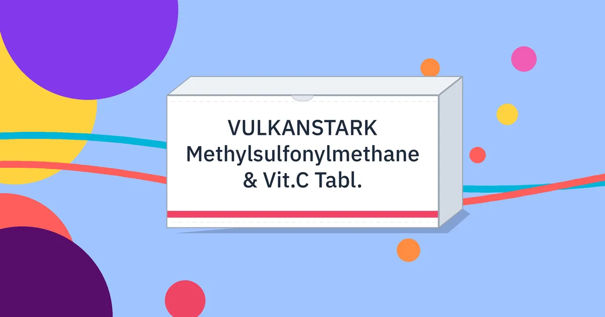 Symbolbild: Packung mit der Aufschrift VULKANSTARK Methylsulfonylmethane & Vit.C Tabl. (PZN 17375520) – Verfügbarkeit und Bezug in Apotheken in Frankfurt am Main