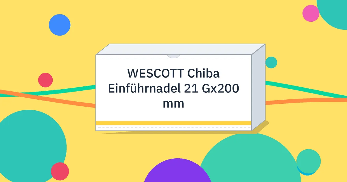 Symbolbild: Packung mit der Aufschrift WESCOTT Chiba Einführnadel 21 Gx200 mm (PZN 16920702) – Verfügbarkeit und Bezug in Apotheken in Frankfurt am Main
