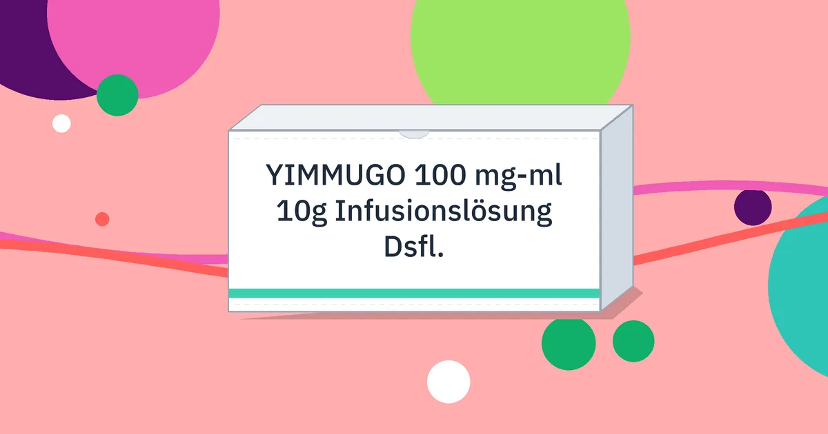Symbolbild: Packung mit der Aufschrift YIMMUGO 100 mg-ml 10g Infusionslösung Dsfl. (PZN 18030467) – Verfügbarkeit und Bezug in Apotheken in Frankfurt am Main