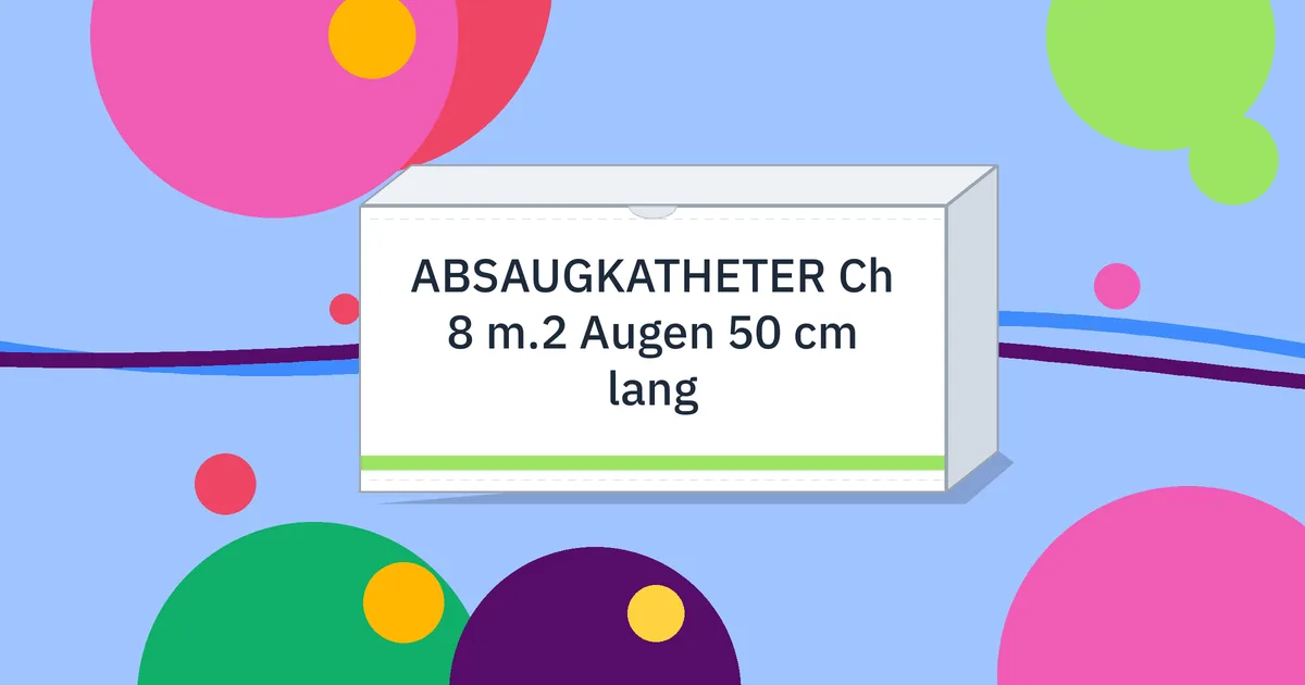 Symbolbild: Packung mit der Aufschrift ABSAUGKATHETER Ch 8 m.2 Augen 50 cm lang (PZN 02412095) – Verfügbarkeit und Bezug in Apotheken in Frankfurt am Main