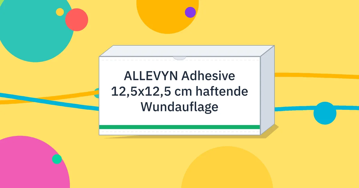 Symbolbild: Packung mit der Aufschrift ALLEVYN Adhesive 12,5x12,5 cm haftende Wundauflage (PZN 13598387) – Verfügbarkeit und Bezug in Apotheken in Frankfurt am Main