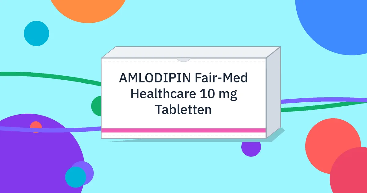 Symbolbild: Packung mit der Aufschrift AMLODIPIN Fair-Med Healthcare 10 mg Tabletten (PZN 14321423) – Verfügbarkeit und Bezug in Apotheken in Frankfurt am Main