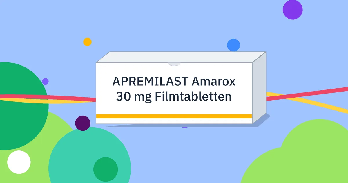 Symbolbild: Packung mit der Aufschrift APREMILAST Amarox 30 mg Filmtabletten (PZN 20181736) – Verfügbarkeit und Bezug in Apotheken in Frankfurt am Main