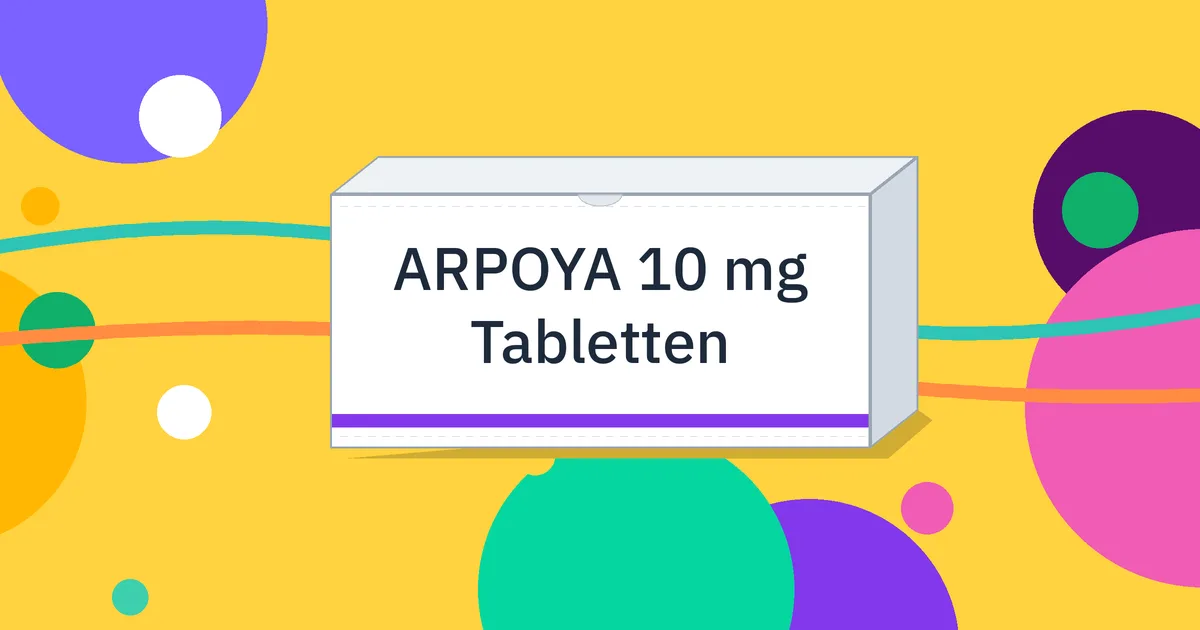 Symbolbild: Packung mit der Aufschrift ARPOYA 10 mg Tabletten (PZN 16197720) – Verfügbarkeit und Bezug in Apotheken in Frankfurt am Main