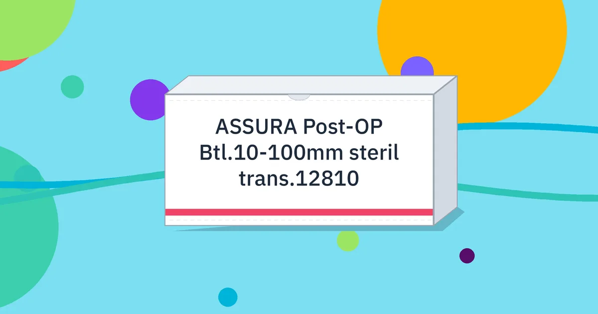Symbolbild: Packung mit der Aufschrift ASSURA Post-OP Btl.10-100mm steril trans.12810 (PZN 06617121) – Verfügbarkeit und Bezug in Apotheken in Frankfurt am Main