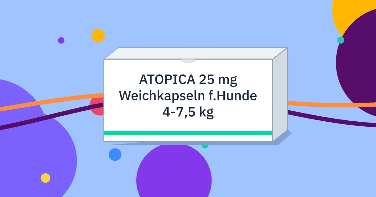 Symbolbild: Packung mit der Aufschrift ATOPICA 25 mg Weichkapseln f.Hunde 4-7,5 kg (PZN 01035029) – Verfügbarkeit und Bezug in Apotheken in Frankfurt am Main