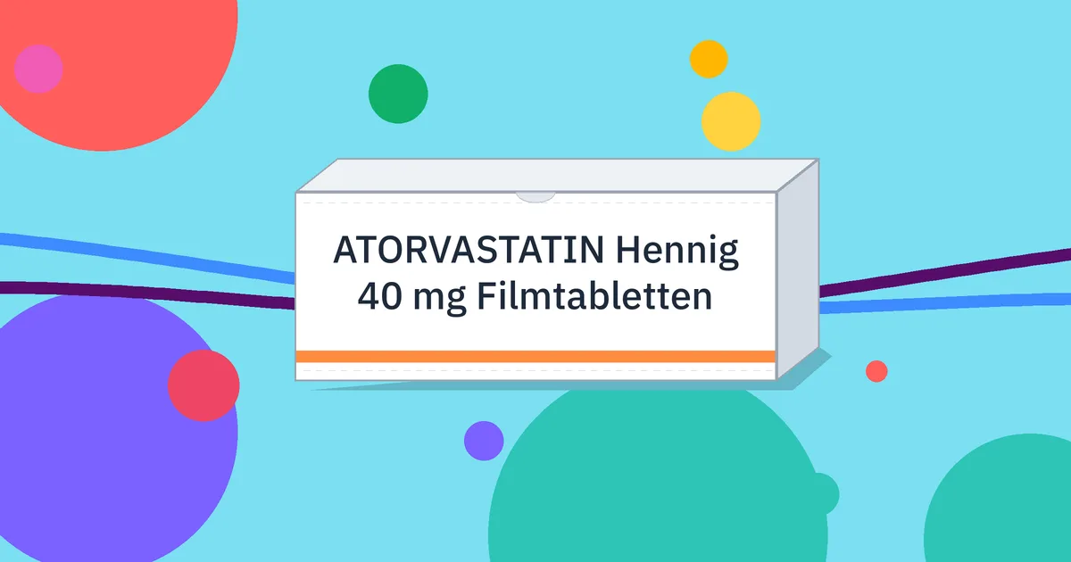 Symbolbild: Packung mit der Aufschrift ATORVASTATIN Hennig 40 mg Filmtabletten (PZN 09533287) – Verfügbarkeit und Bezug in Apotheken in Frankfurt am Main
