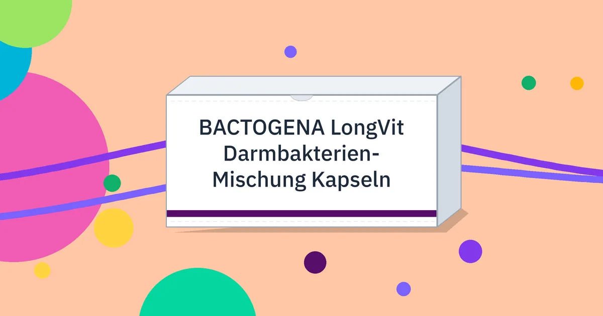 Symbolbild: Packung mit der Aufschrift BACTOGENA LongVit Darmbakterien-Mischung Kapseln (PZN 20604562) – Verfügbarkeit und Bezug in Apotheken in Frankfurt am Main
