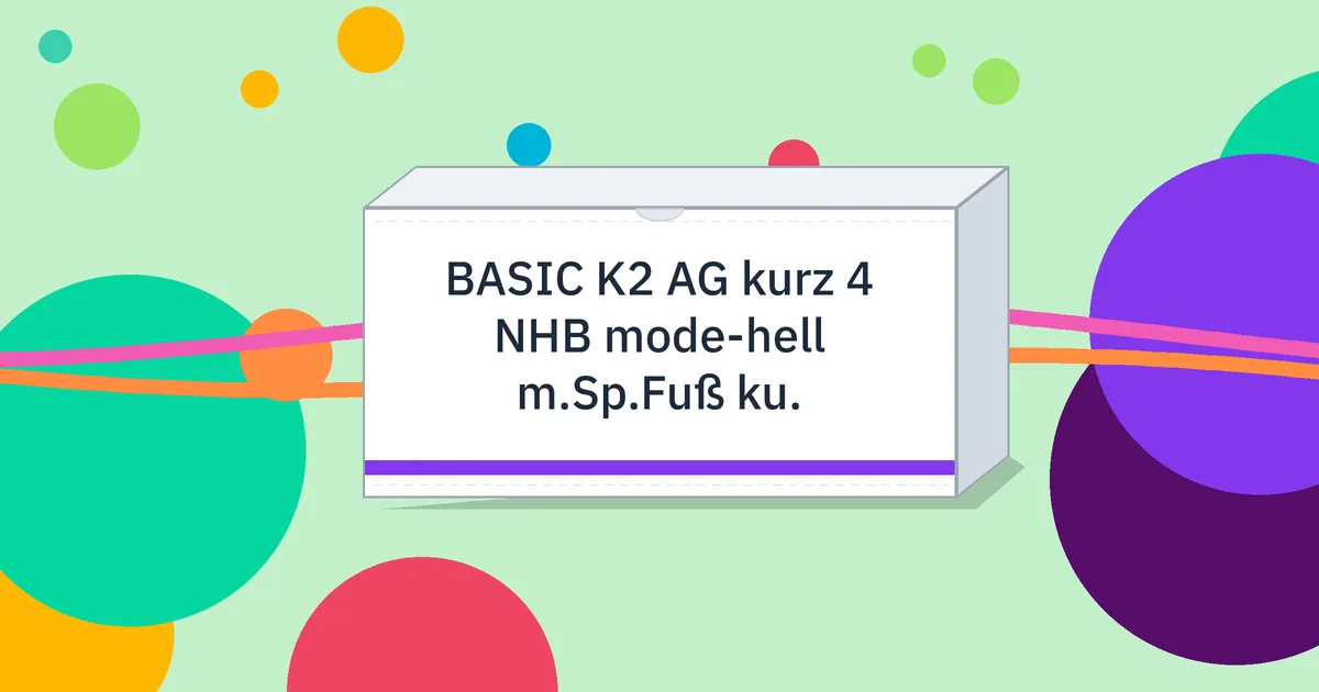 Symbolbild: Packung mit der Aufschrift BASIC K2 AG kurz 4 NHB mode-hell m.Sp.Fuß ku. (PZN 20267567) – Verfügbarkeit und Bezug in Apotheken in Frankfurt am Main