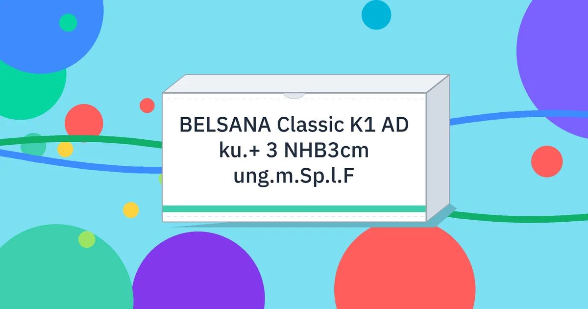 Symbolbild: Packung mit der Aufschrift BELSANA Classic K1 AD ku.+ 3 NHB3cm ung.m.Sp.l.F (PZN 19255783) – Verfügbarkeit und Bezug in Apotheken in Frankfurt am Main