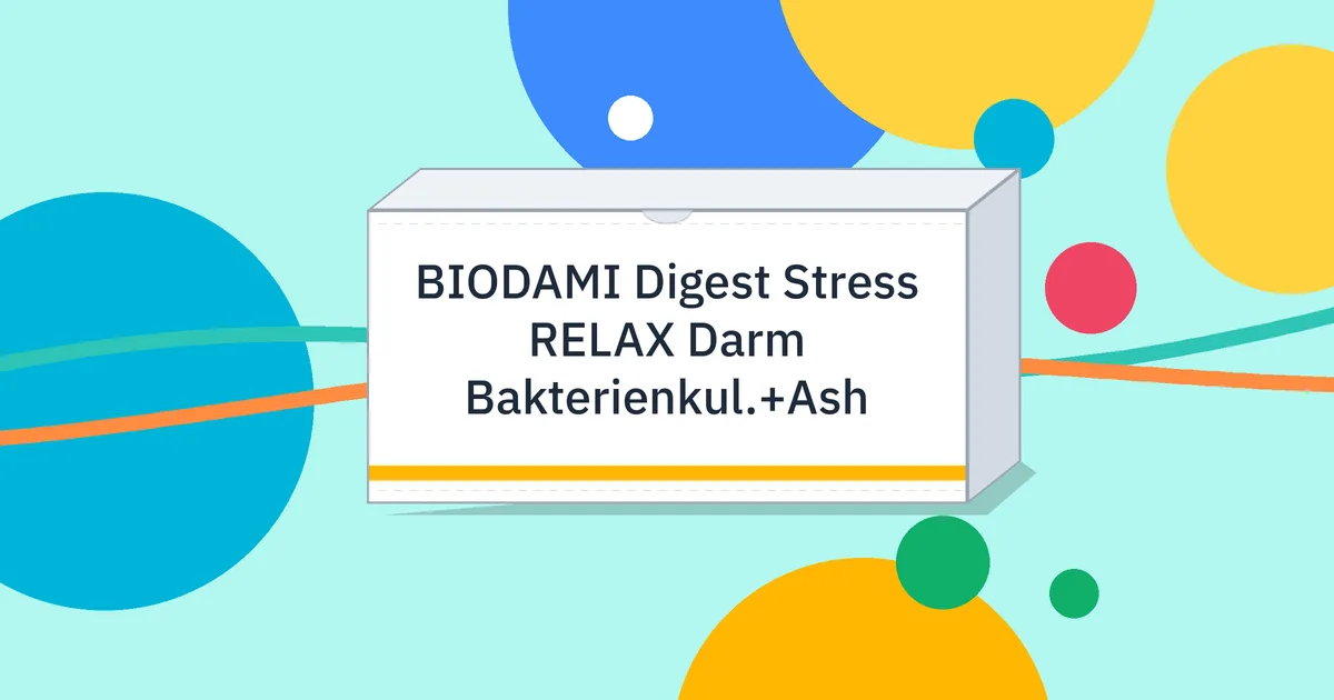 Symbolbild: Packung mit der Aufschrift BIODAMI Digest Stress RELAX Darm Bakterienkul.+Ash (PZN 19388490) – Verfügbarkeit und Bezug in Apotheken in Frankfurt am Main