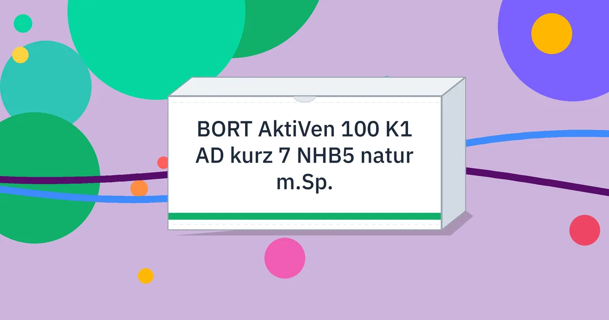 Symbolbild: Packung mit der Aufschrift BORT AktiVen 100 K1 AD kurz 7 NHB5 natur m.Sp. (PZN 17493768) – Verfügbarkeit und Bezug in Apotheken in Frankfurt am Main