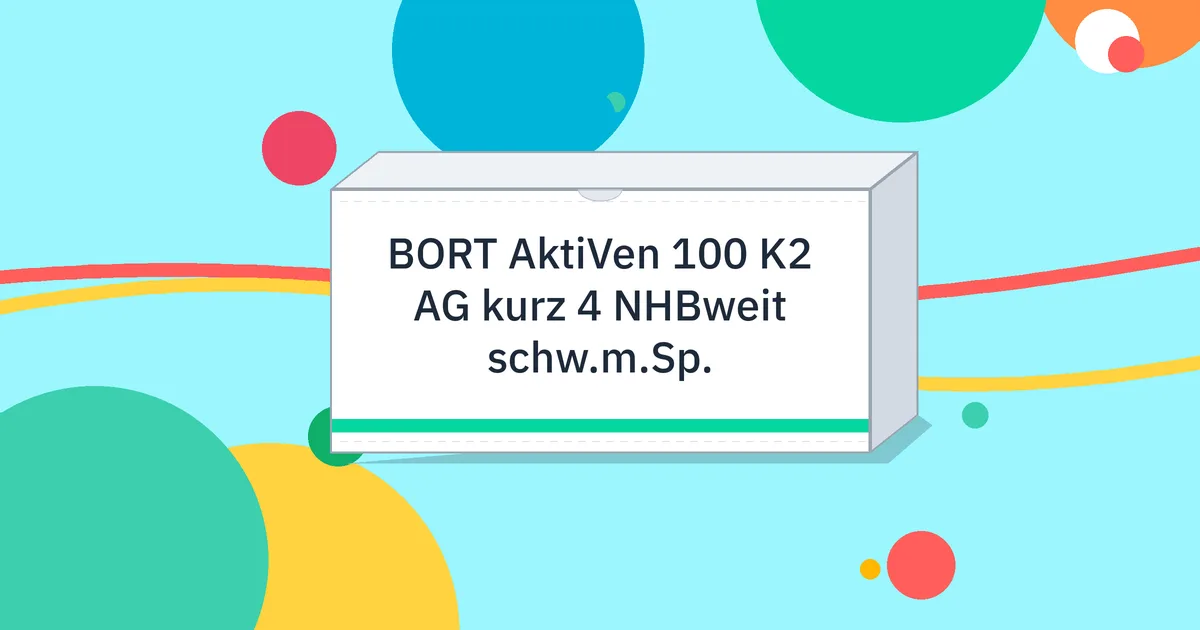 Symbolbild: Packung mit der Aufschrift BORT AktiVen 100 K2 AG kurz 4 NHBweit schw.m.Sp. (PZN 14388166) – Verfügbarkeit und Bezug in Apotheken in Frankfurt am Main