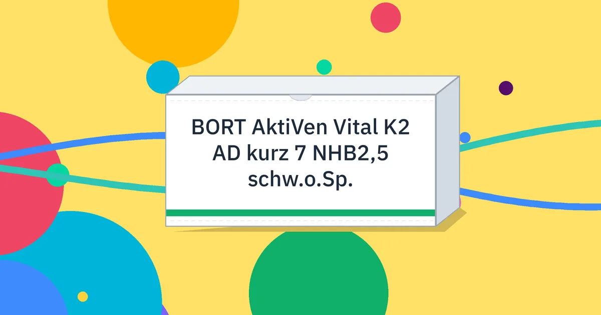 Symbolbild: Packung mit der Aufschrift BORT AktiVen Vital K2 AD kurz 7 NHB2,5 schw.o.Sp. (PZN 17498027) – Verfügbarkeit und Bezug in Apotheken in Frankfurt am Main
