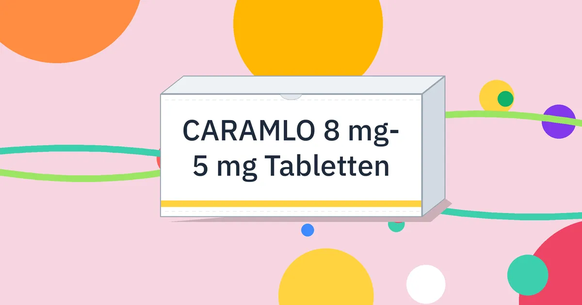 Symbolbild: Packung mit der Aufschrift CARAMLO 8 mg-5 mg Tabletten (PZN 18734375) – Verfügbarkeit und Bezug in Apotheken in Frankfurt am Main
