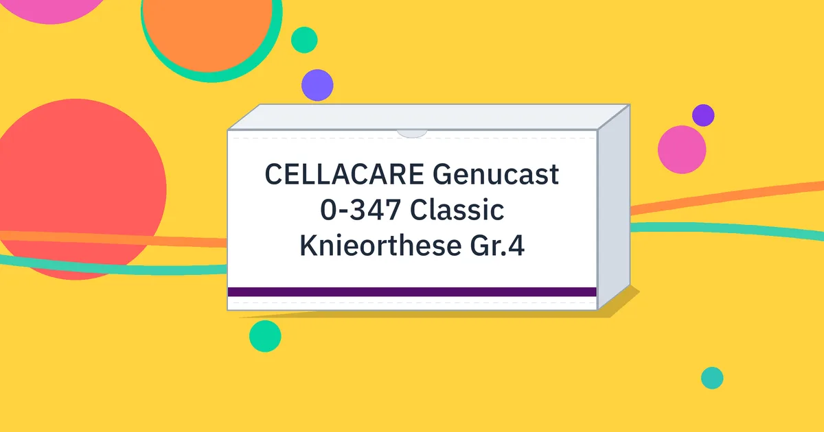 Symbolbild: Packung mit der Aufschrift CELLACARE Genucast 0-347 Classic Knieorthese Gr.4 (PZN 14366756) – Verfügbarkeit und Bezug in Apotheken in Frankfurt am Main